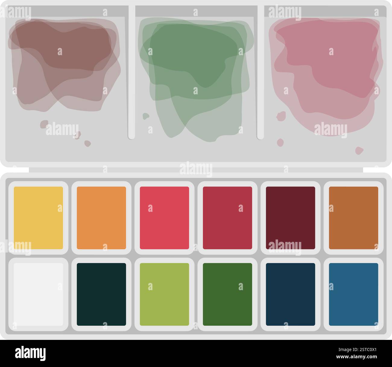 Solid watercolor set in a plastic box top view isolated, artist ...