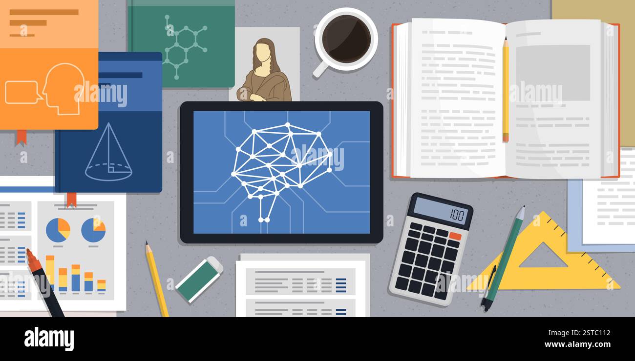 Deep learning and AI: books and supplies surrounding a tablet showing a ...