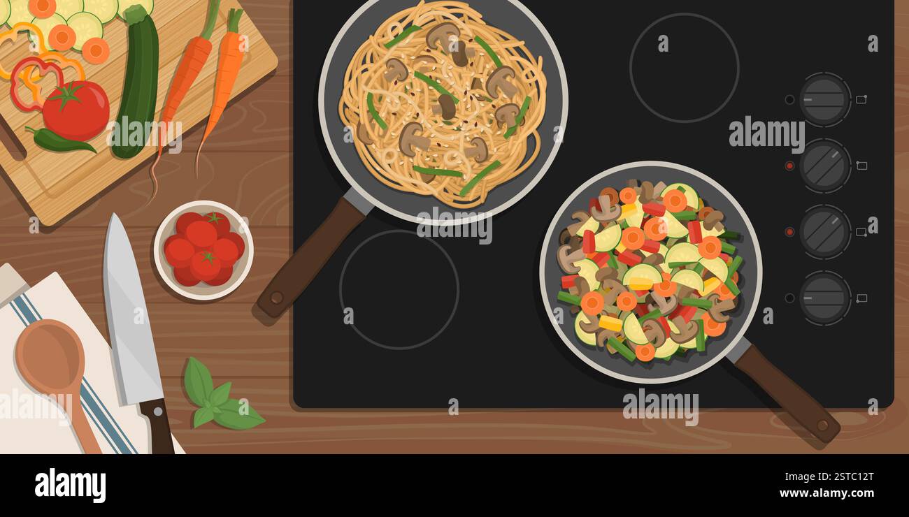 Kitchen counter with stove and food preparation top view: healthy ...