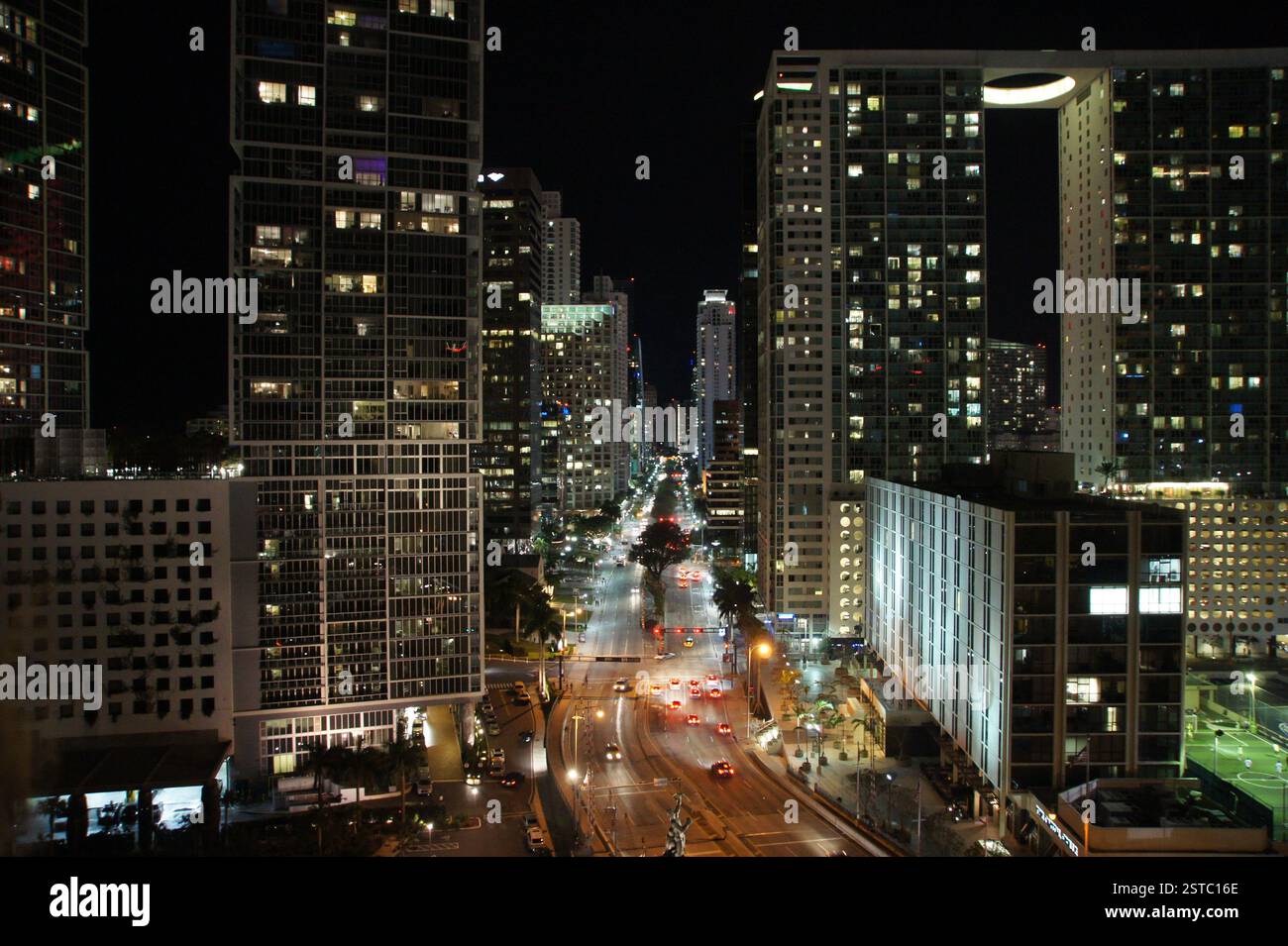 Aerial view of Brickell Avenue, Miami at night. Illuminated skyscrapers ...
