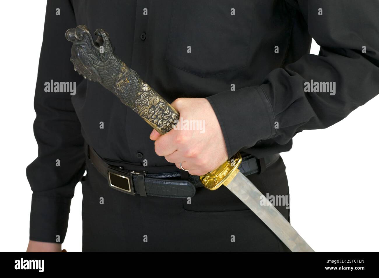 Chinese sword in hand at the man in black clothes hi-res stock ...