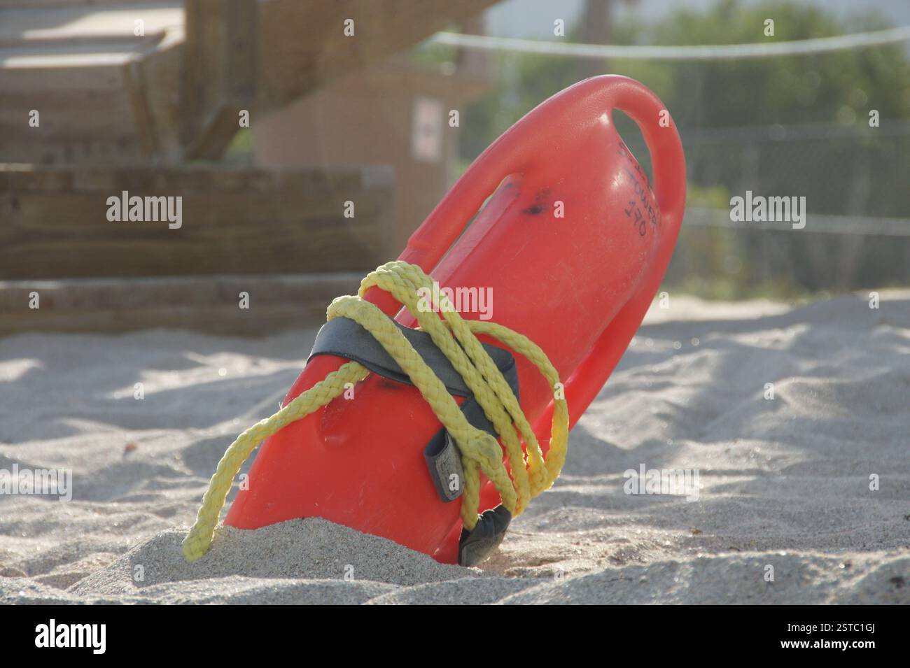 Lifeguard buoy on sandy Miami beach. Rescue readiness. Summer safety ...