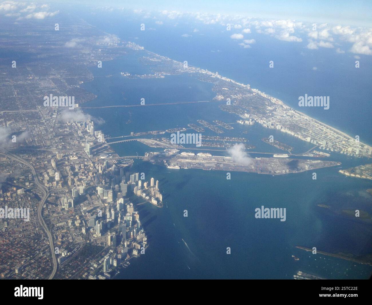 Aerial view Miami cityscape turquoise water, cruise ships, Miami Beach ...