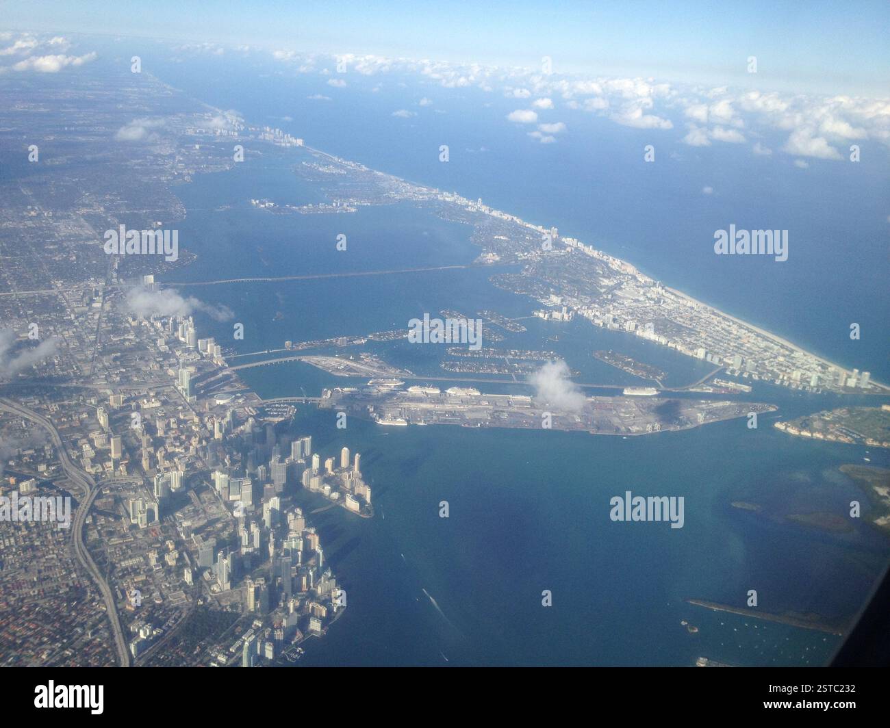 Aerial view Miami. Cityscape with skyscrapers and beaches. Coastal ...