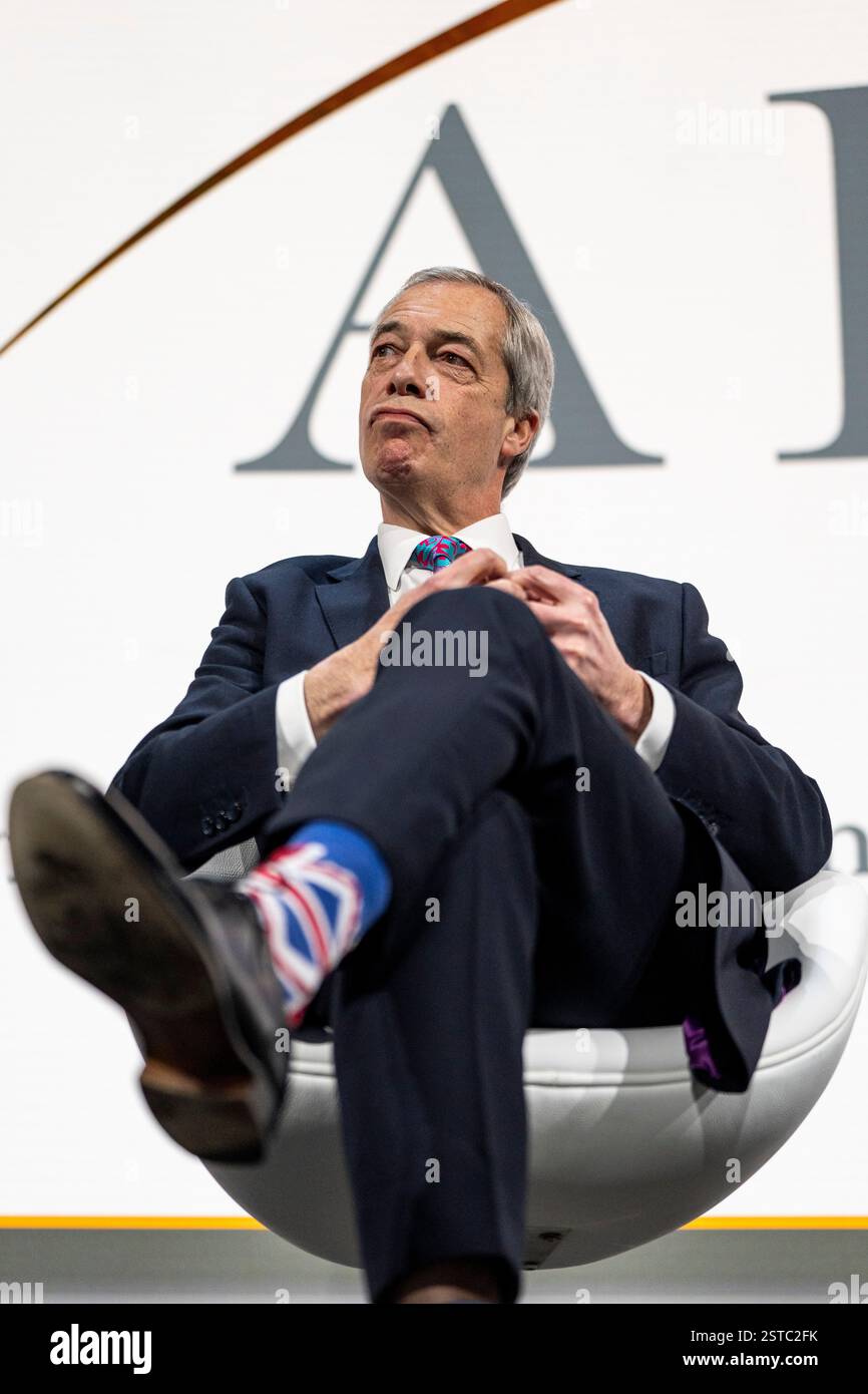 Reform UK leader Nigel Farage speaks during an interview with Jordan ...