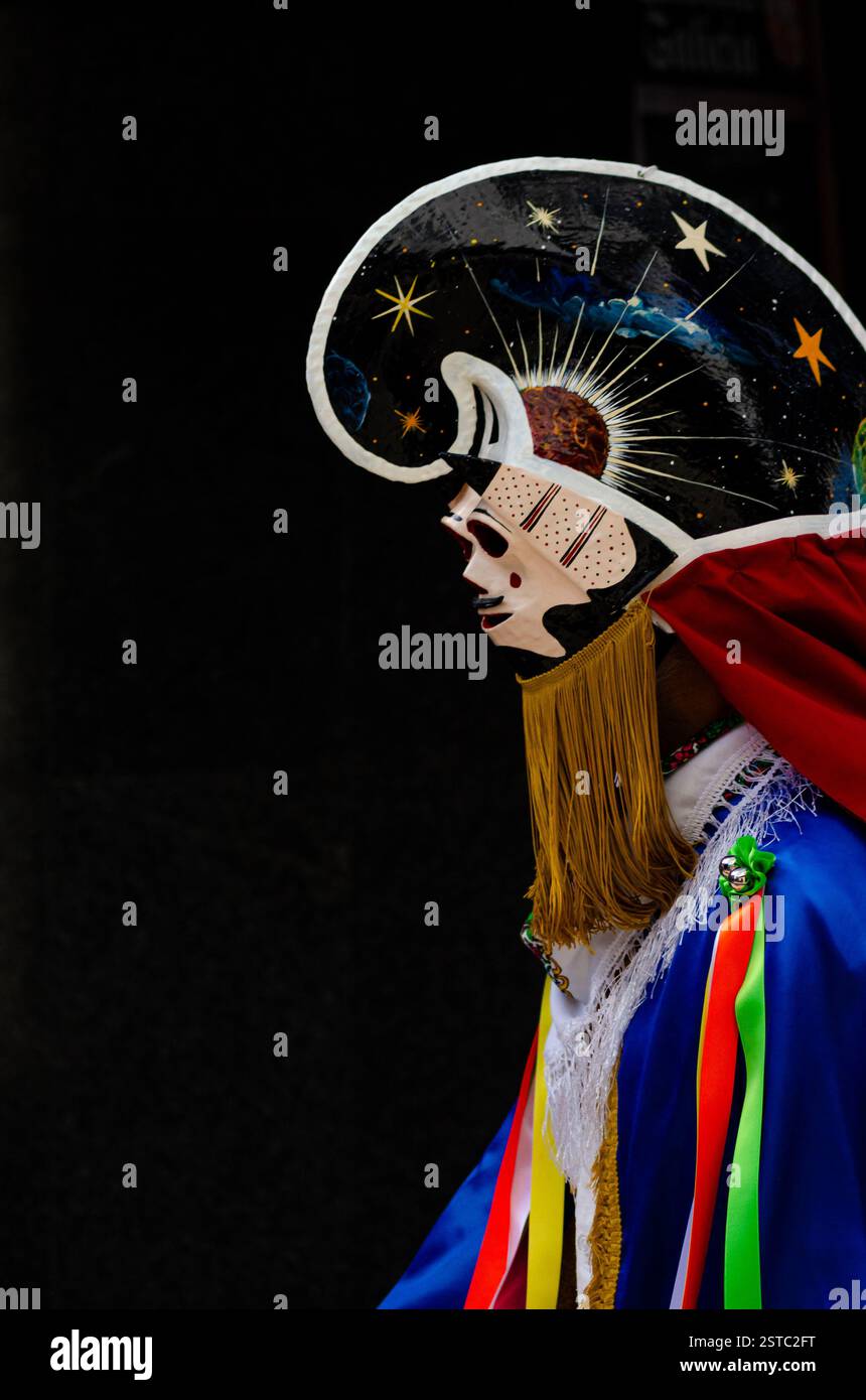 Pantalla, traditional Xinzo de limia carnival mask seen in profile on a ...