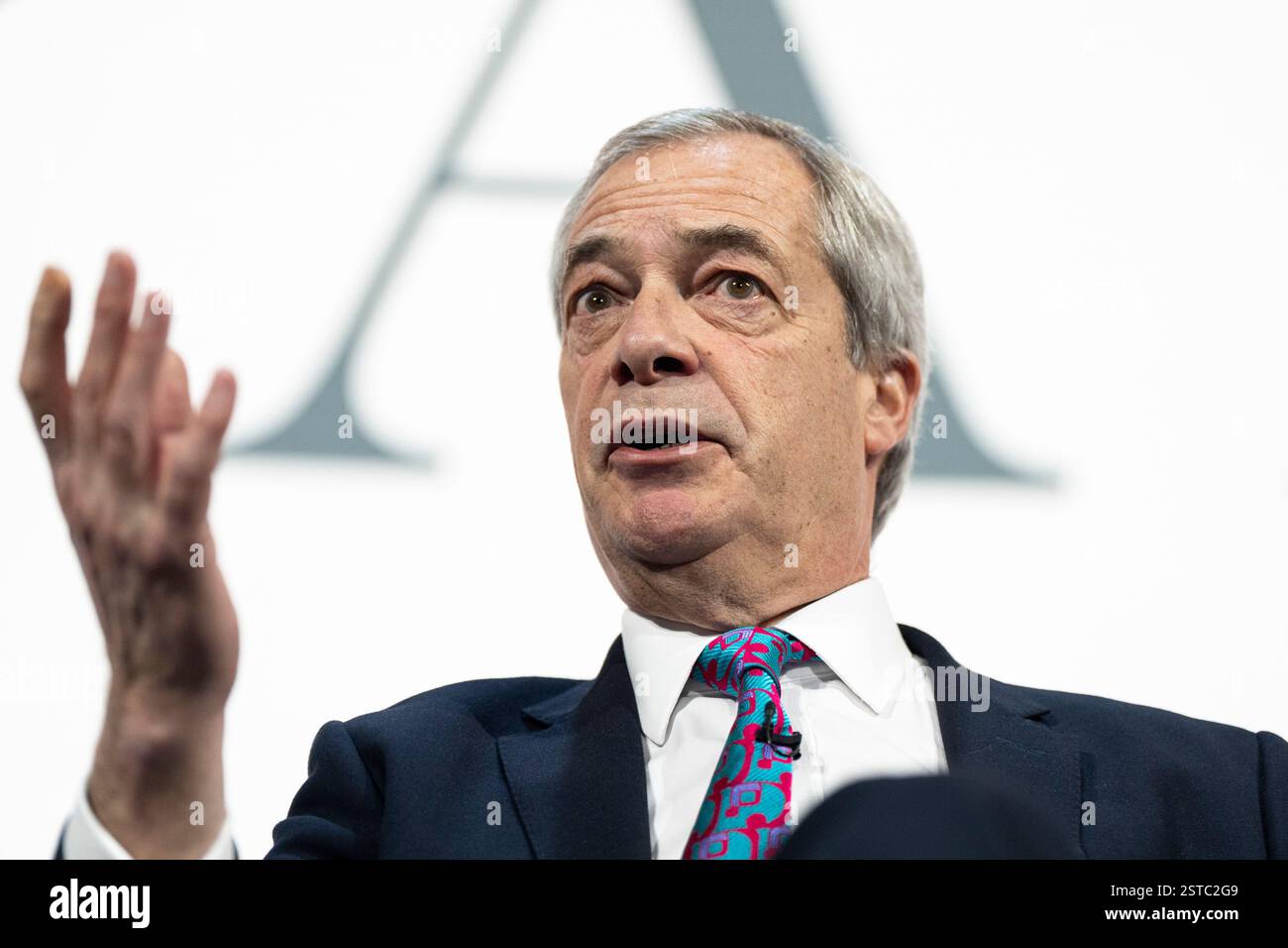 Reform UK leader Nigel Farage speaks during an interview with Jordan ...