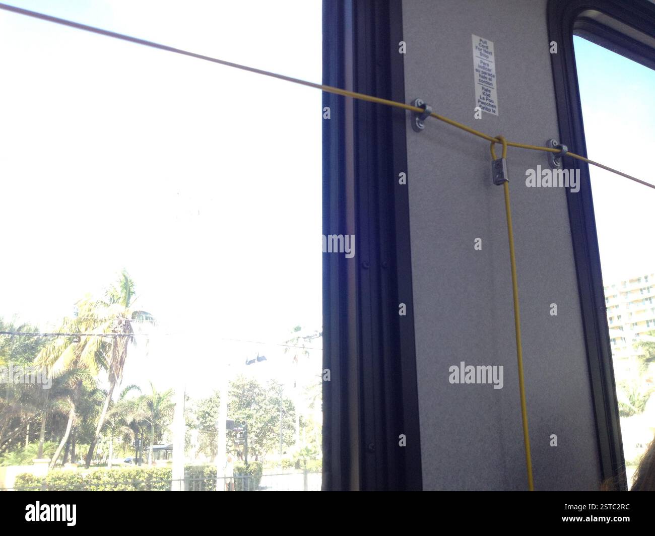 Yellow rope hangs Miami bus window. Tow rope, passenger safety device ...