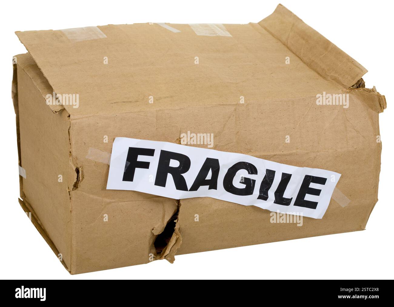 Crumpled cardboard box with inscription "fragile" on white Stock Photo ...
