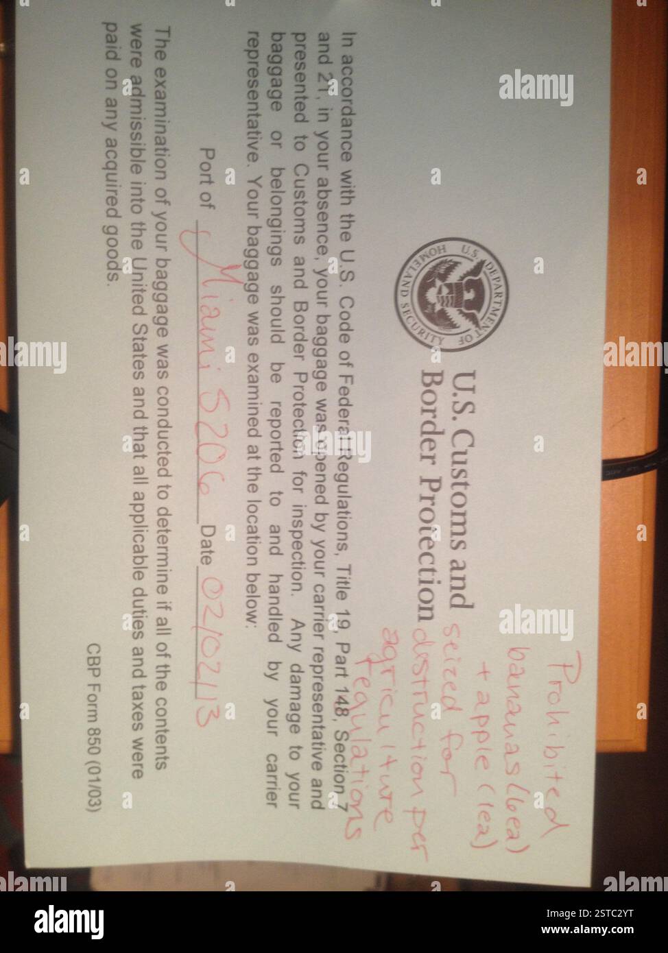 Notice of items seized Miami US Customs Border Protection Notice about ...