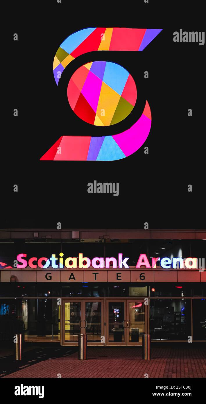 Scotiabank illuminated logo at night. Exterior digital advertising ...