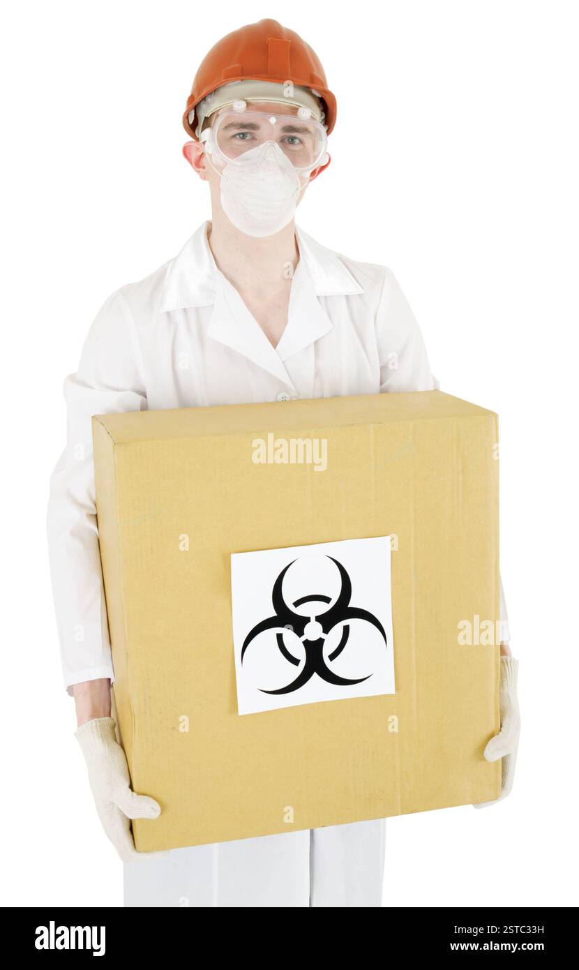 Scientist keep carton box with sticker sign biohazard Stock Photo - Alamy