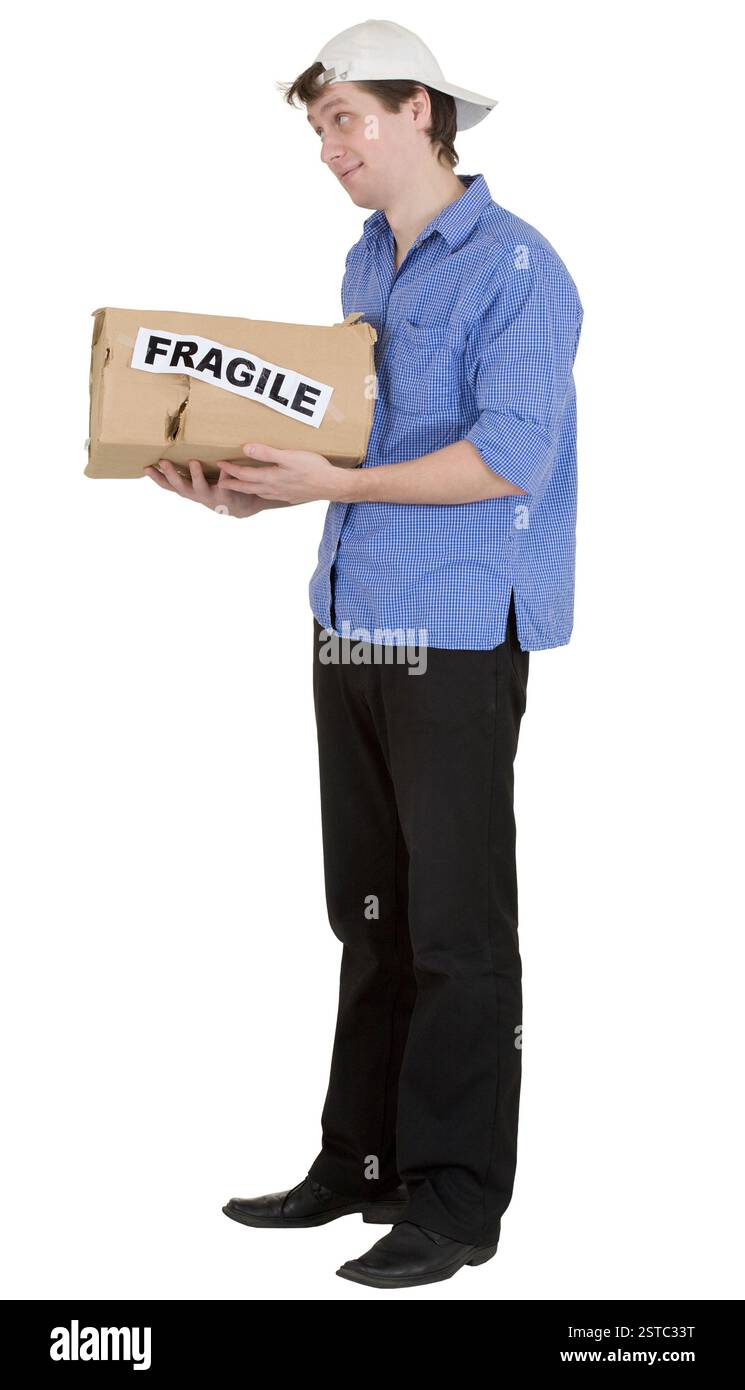 Man hold cardboard box with discription fragile Stock Photo - Alamy