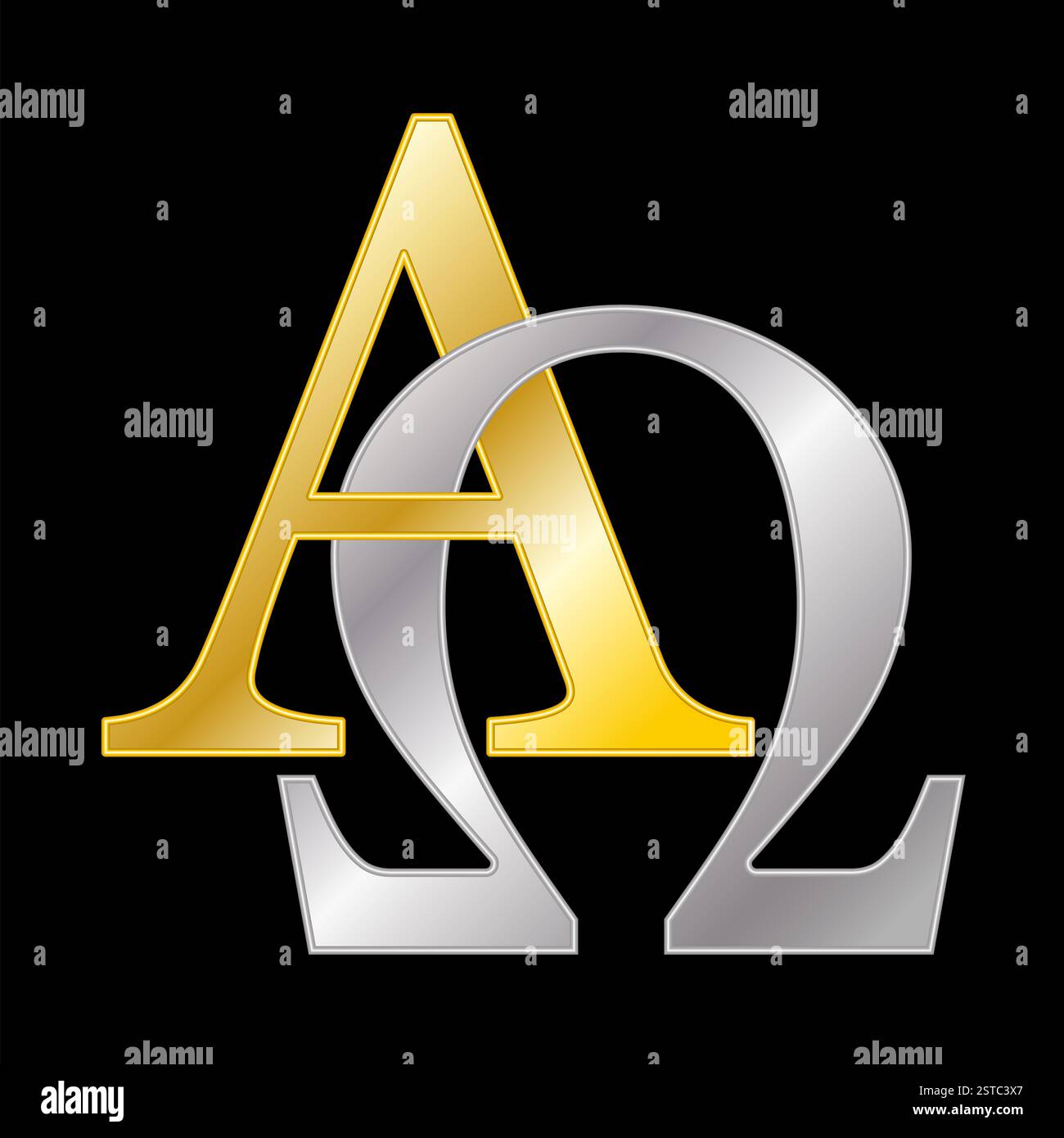 Golden and silver interlaced Alpha and Omega. First and last letter in ...