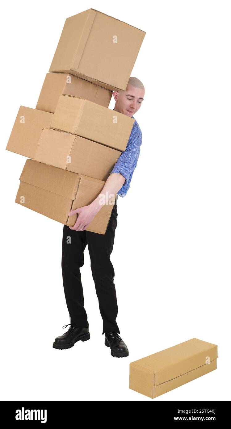 Man hold heap cardboard boxes Stock Photo - Alamy