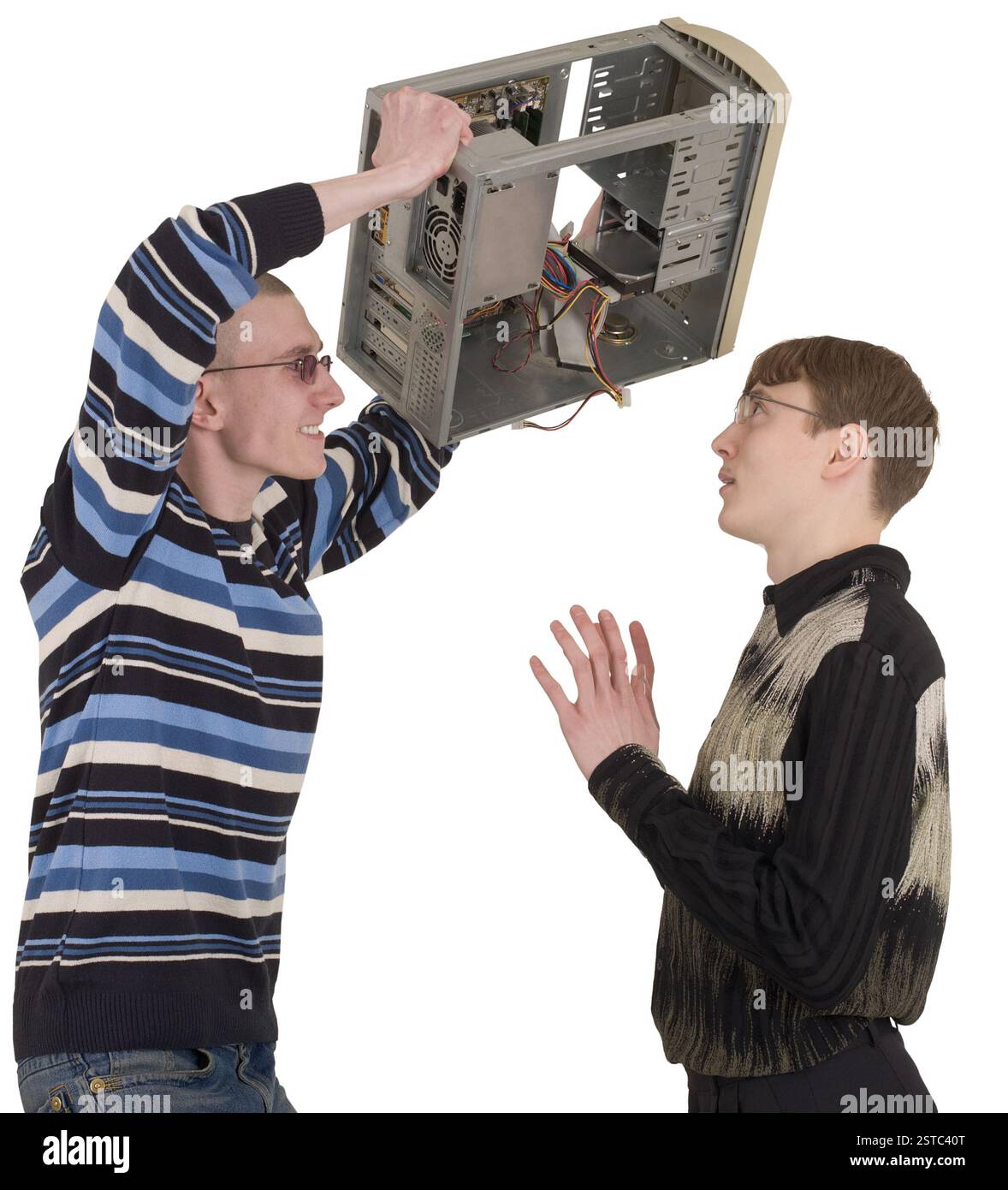 Serviceman covered computer on head client Stock Photo - Alamy