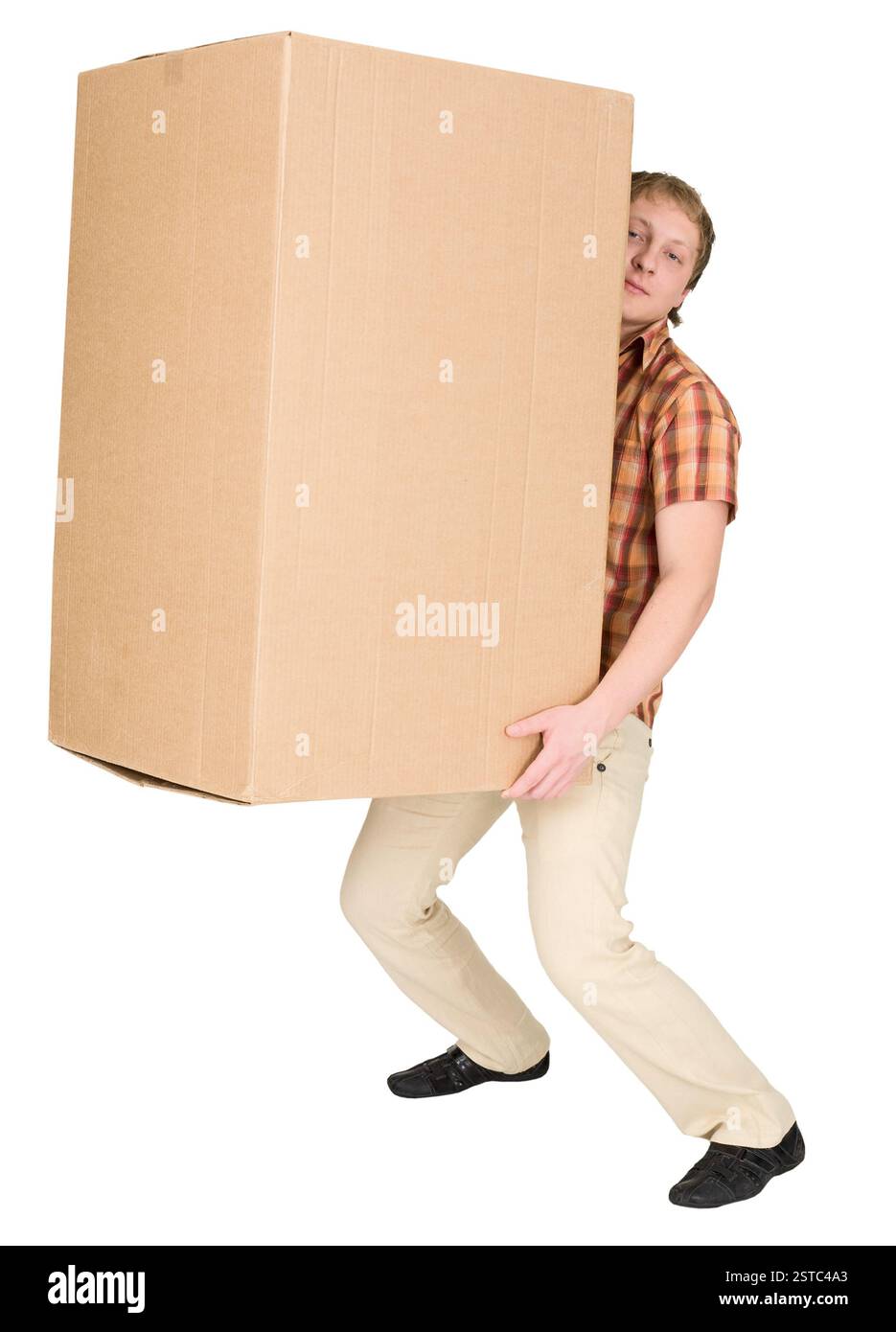 Man bears the big heavy cardboard box Stock Photo - Alamy