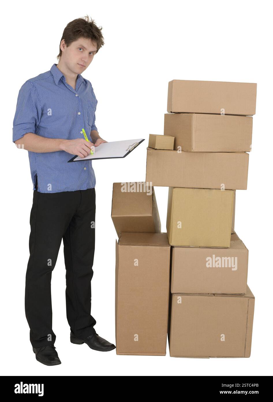 Man with marker and pile cardboard boxes Stock Photo - Alamy