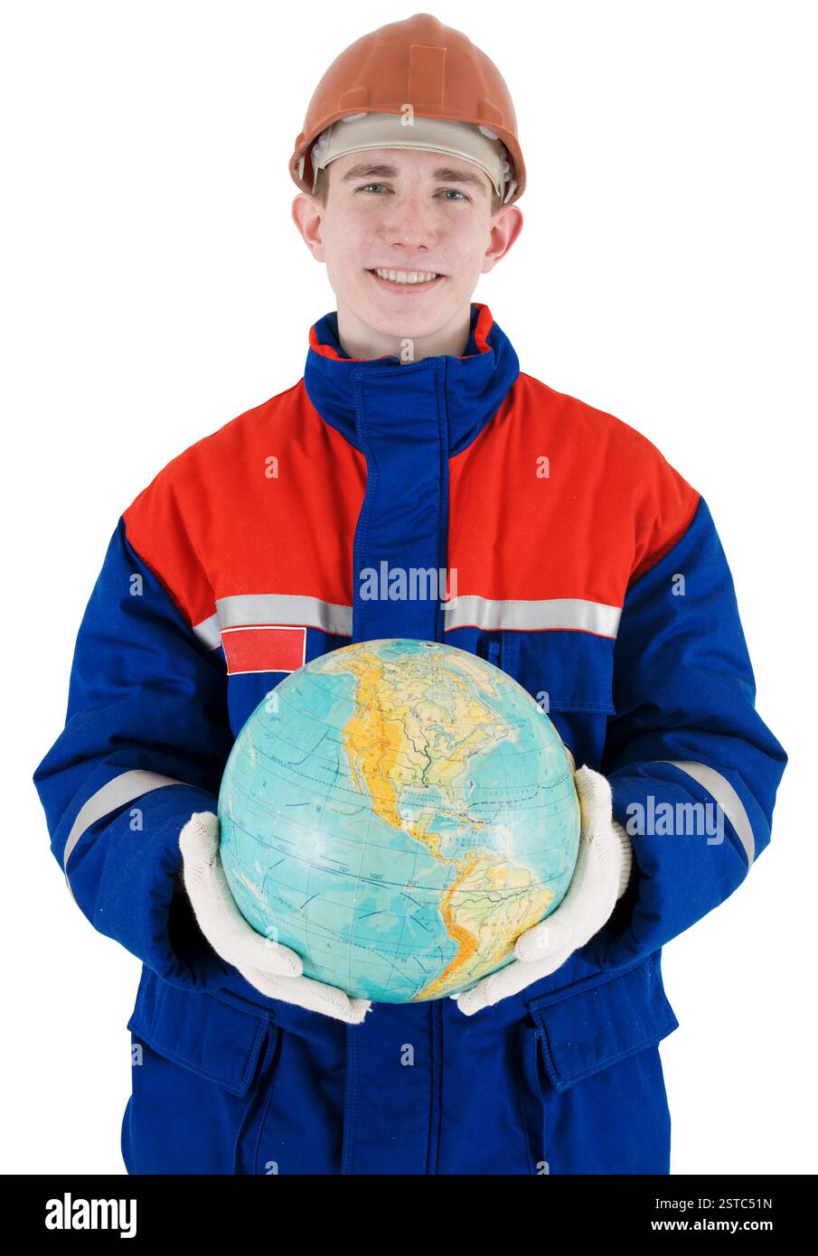 Labourer on the helmet with globe on a white background Stock Photo - Alamy
