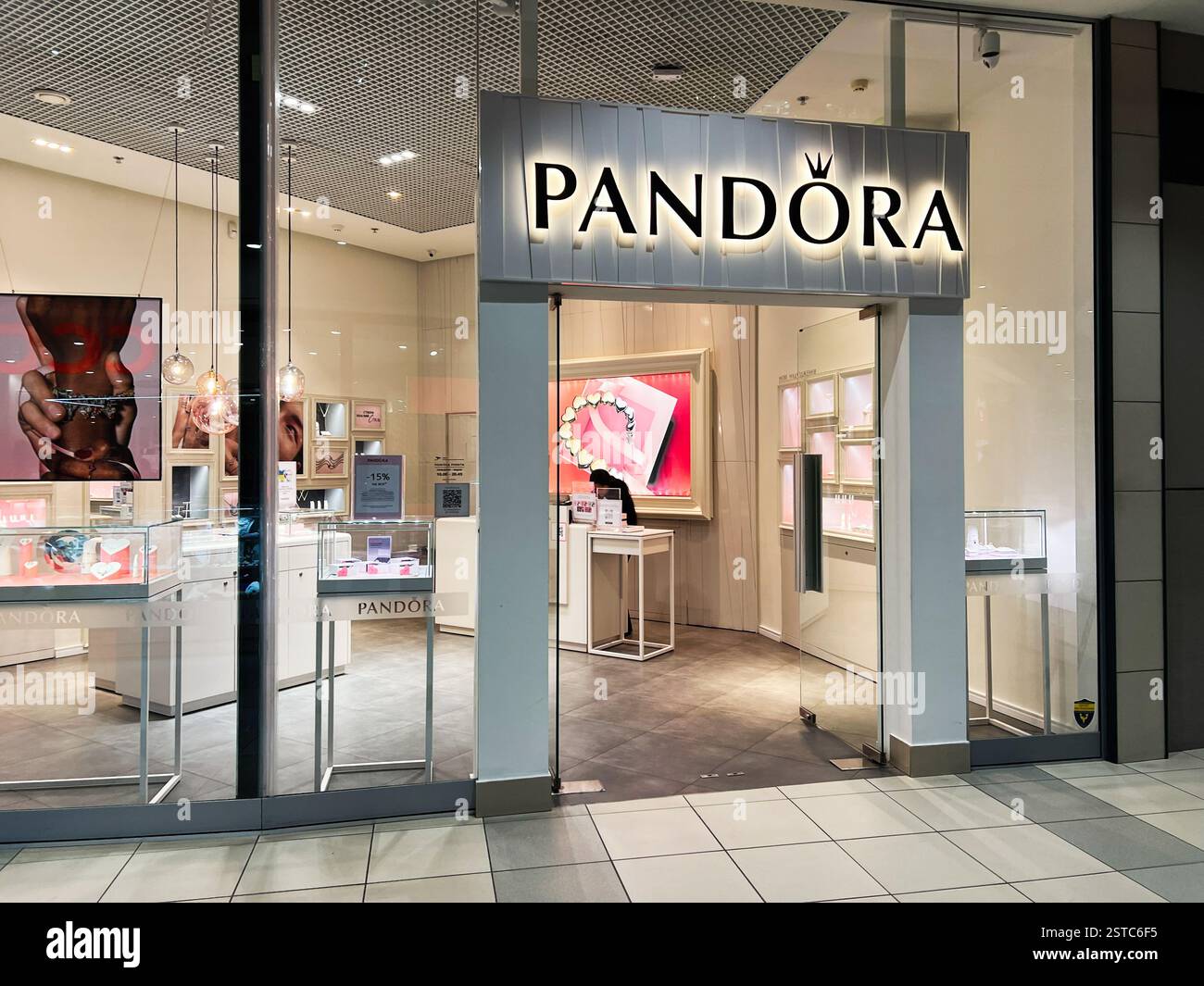 Lviv, Ukraine - February 16, 2025: A brightly lit Pandora store ...