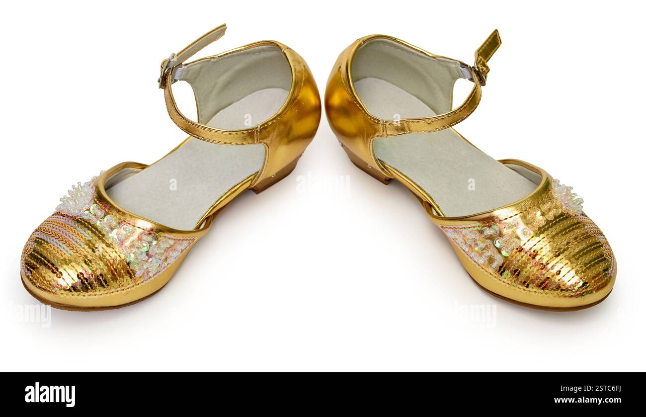 Elegant golden shoes for girl on white Stock Photo - Alamy