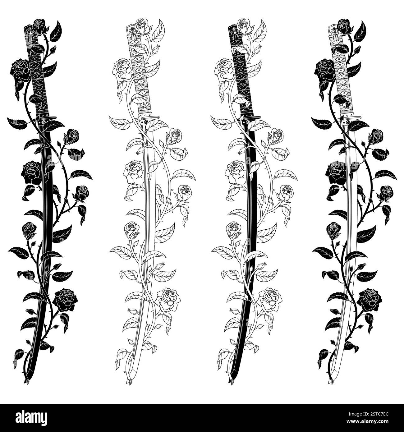 Samurai sword surrounded by a plant, feudal ancient Japanese katana ...