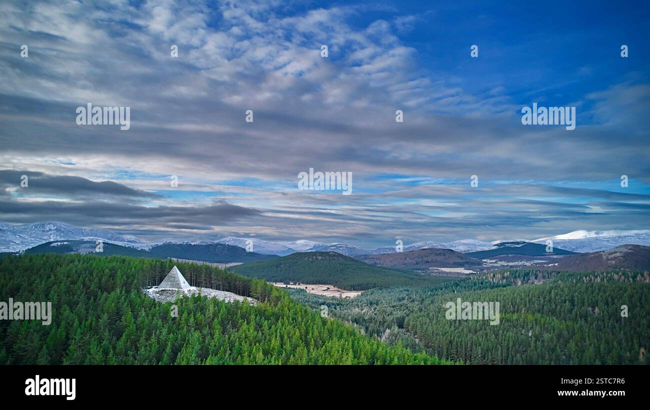 Prince Albert's Cairn snow covered pyramid cairn and mountains Balmoral ...