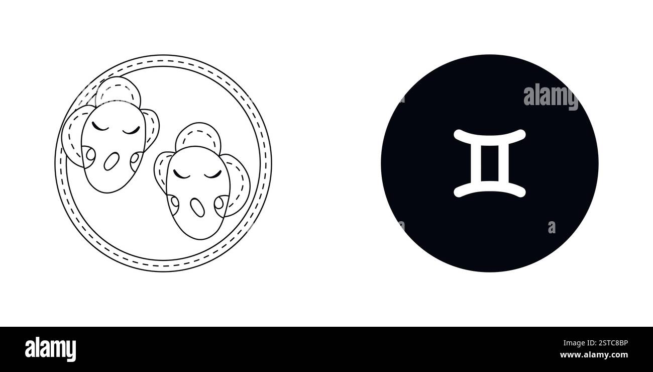 Zodiac horoscope. Gemini astrological icon symbol. Stylized star sign esoteric. Simple line ...