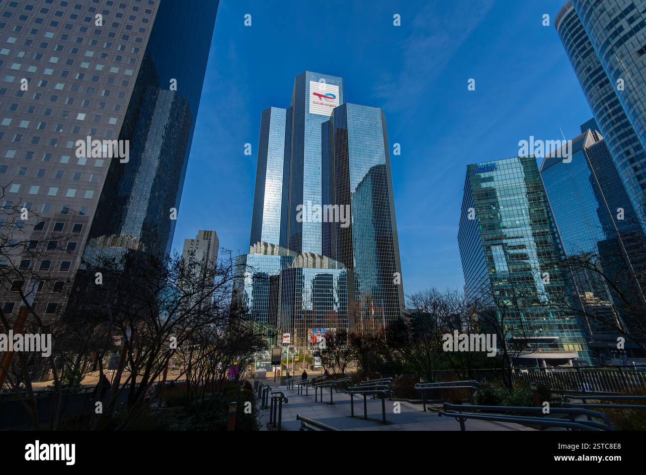 Exterior view of the tower housing the headquarters of French oil ...