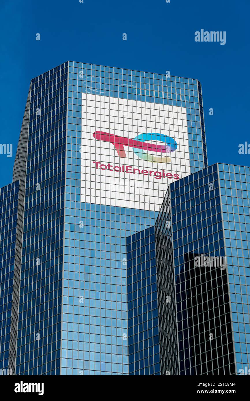 Sign and logo at the top of the tower housing the headquarters of ...
