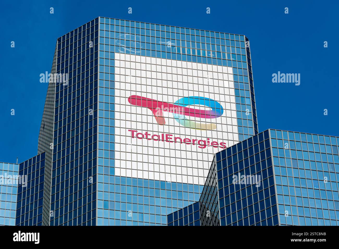 Sign and logo at the top of the tower housing the headquarters of ...