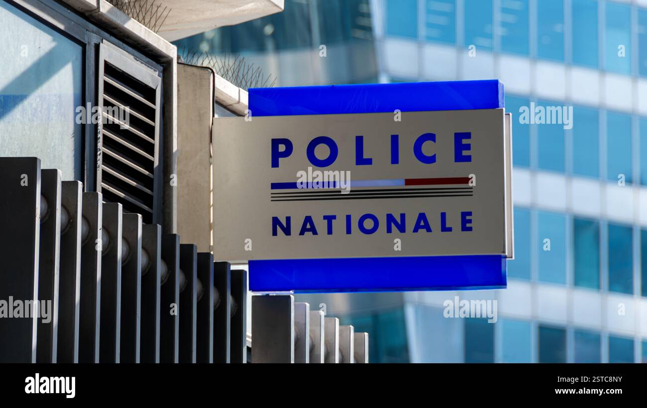 'POLICE NATIONALE' written in French on the sign of a police station ...