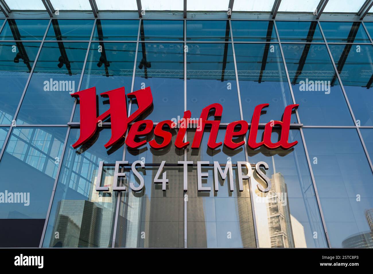 Sign and logo of the Westfield Les 4 Temps shopping center. This ...