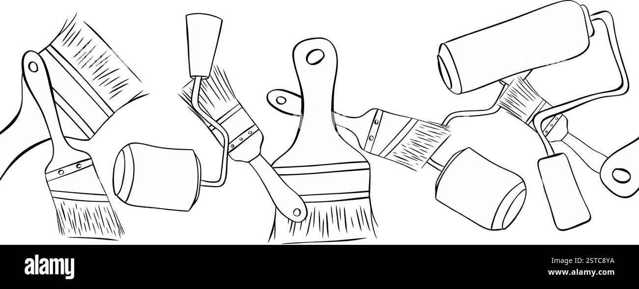 Graphic line vector seamless border with brushes and paint rollers ...