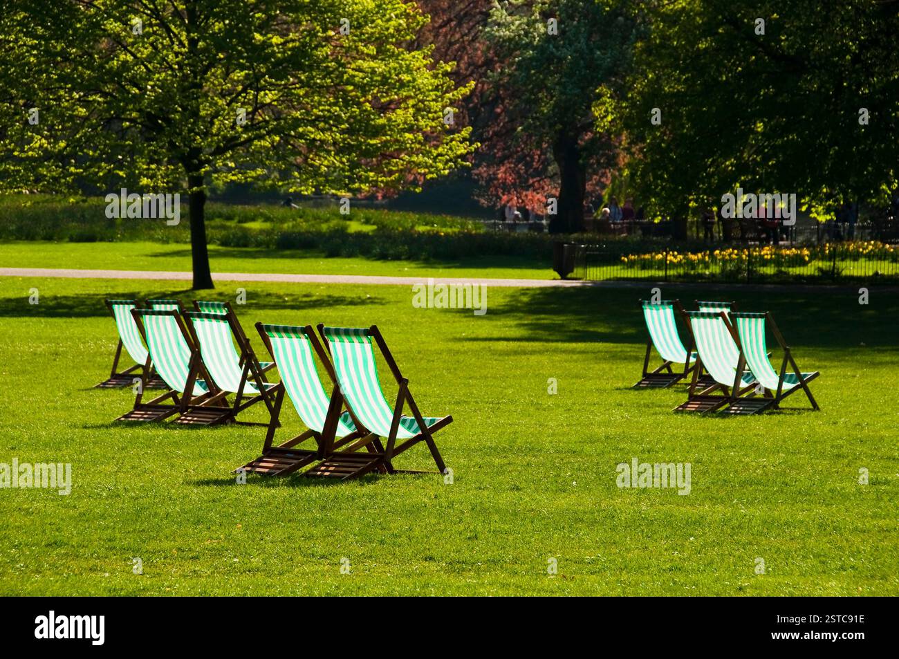Deck chairs in a park in spring Stock Photo - Alamy