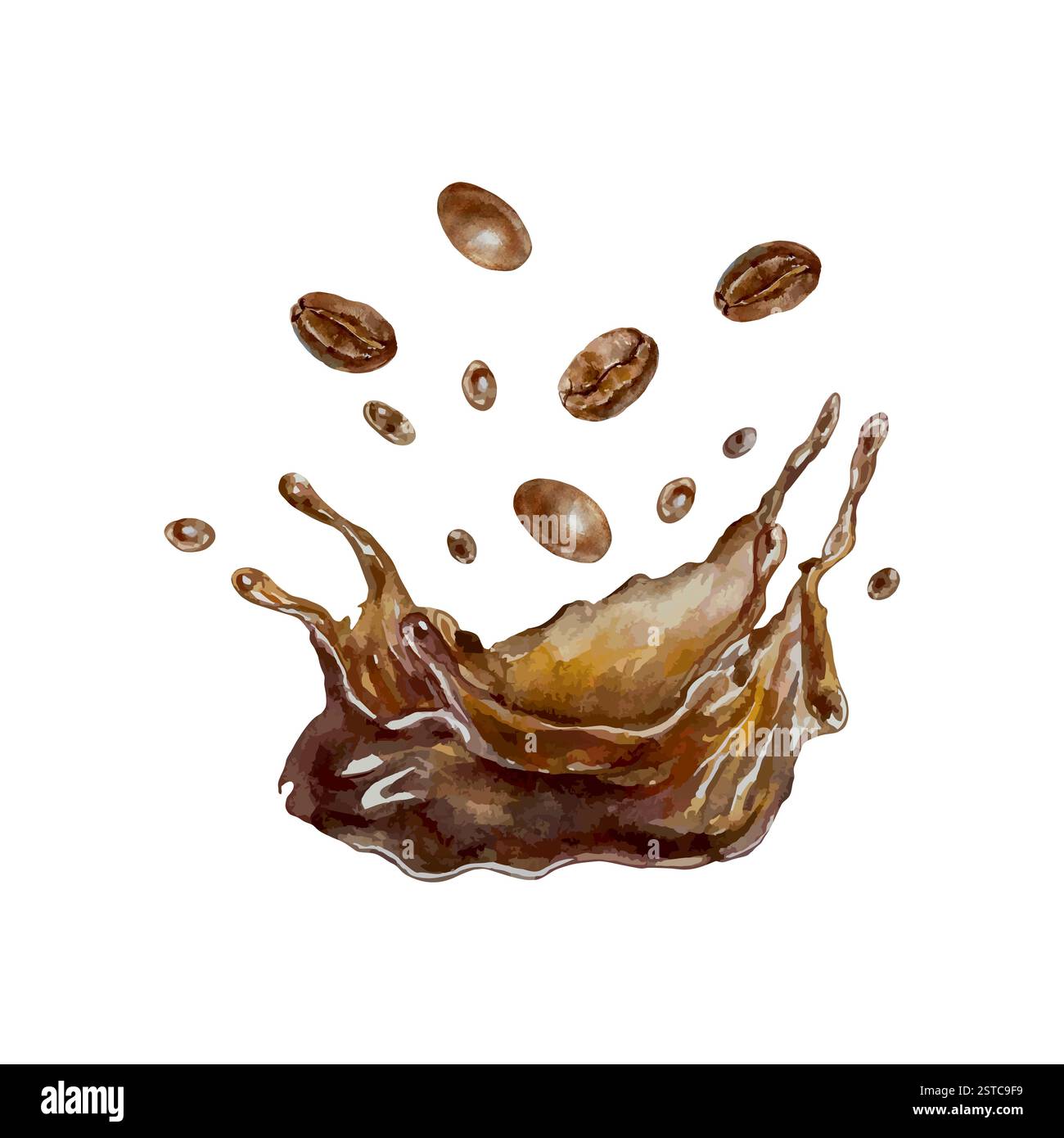 Splash of coffee with drops and roasted brown beans. Hand drawn vector ...