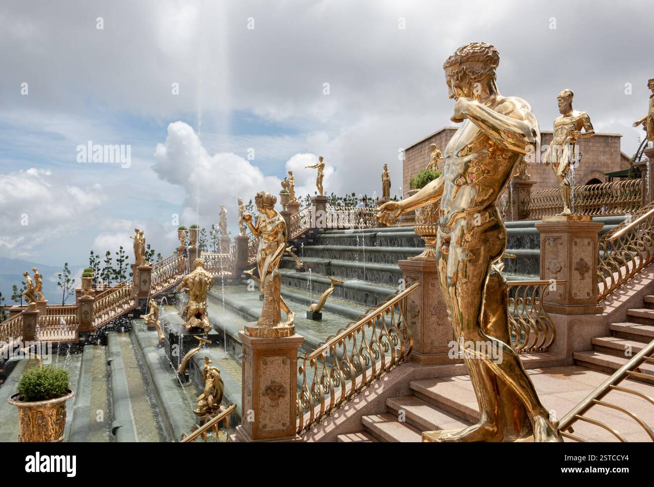 European inspired golden statues and water fountain at Ba Na Hills in ...