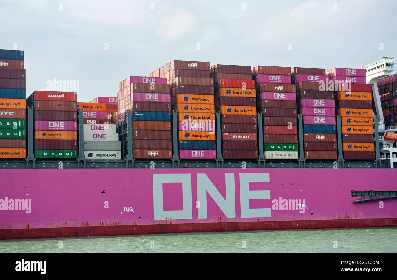 Southampton England UK February 2025. With a bright pink hull the Ocean Network Express ONE One ...