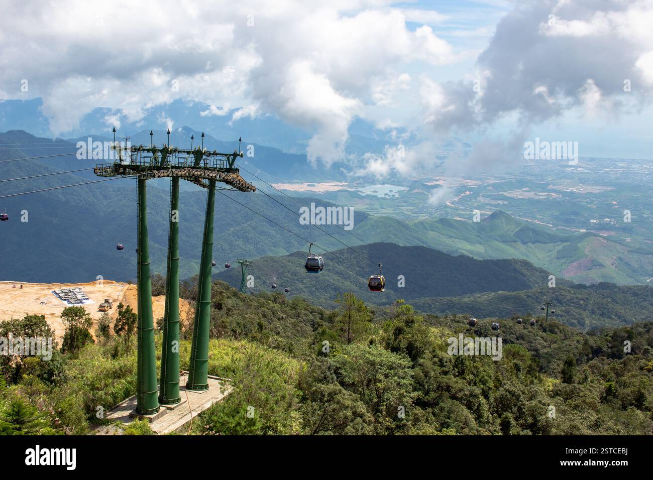 Forest mountain and cable car aerial view of the Ba Na Hills Sunworld ...