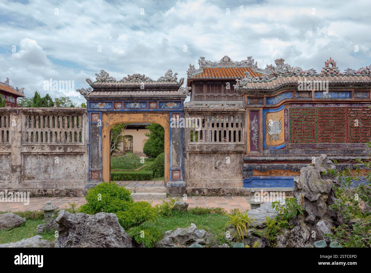 Colorful stone gate and building traditional architecture of the Hue ...
