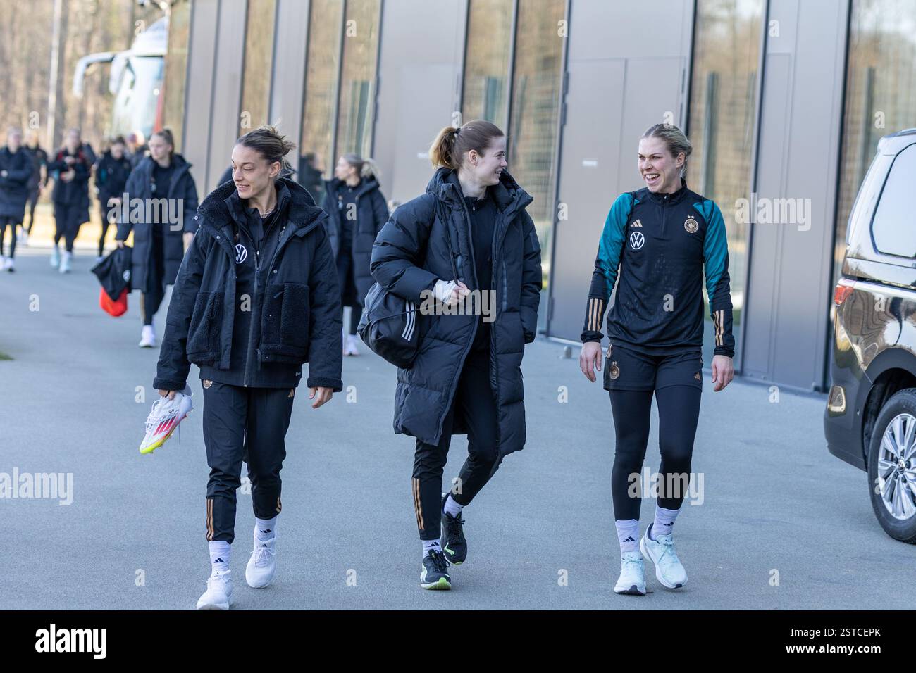 Felicitas Rauch, Stina Johannes and Marie Müller ariving at DFB-Campus - Training an ...