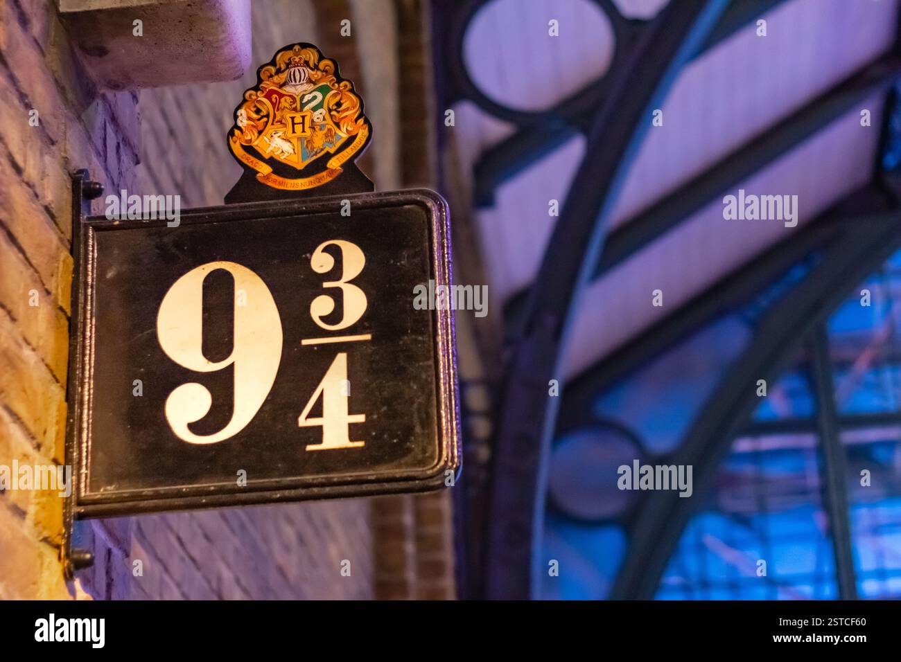 Harry Potter Platform 9 34 sign at the Harry Potter Warner Bros Studio. Photo taken in London ...