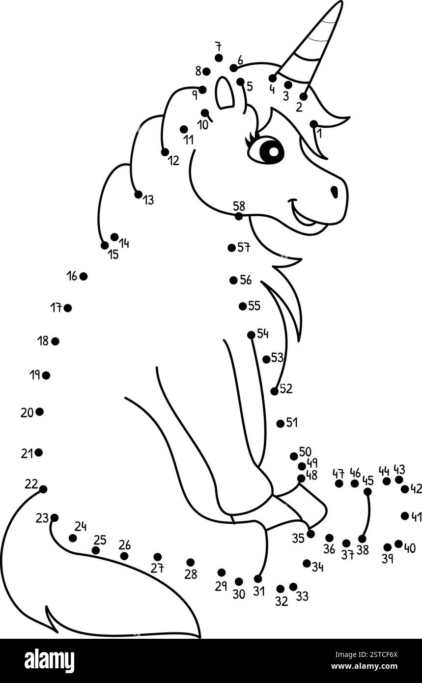 Dot to Dot Sitting Unicorn Isolated Coloring Page Stock Vector Image ...