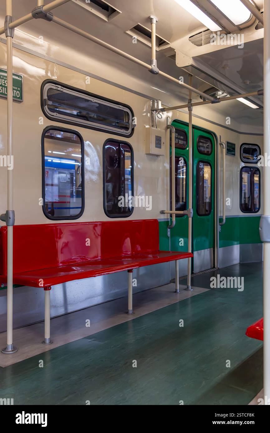 Inside a preserved metro train at Madrid's Underground Metro museum ...