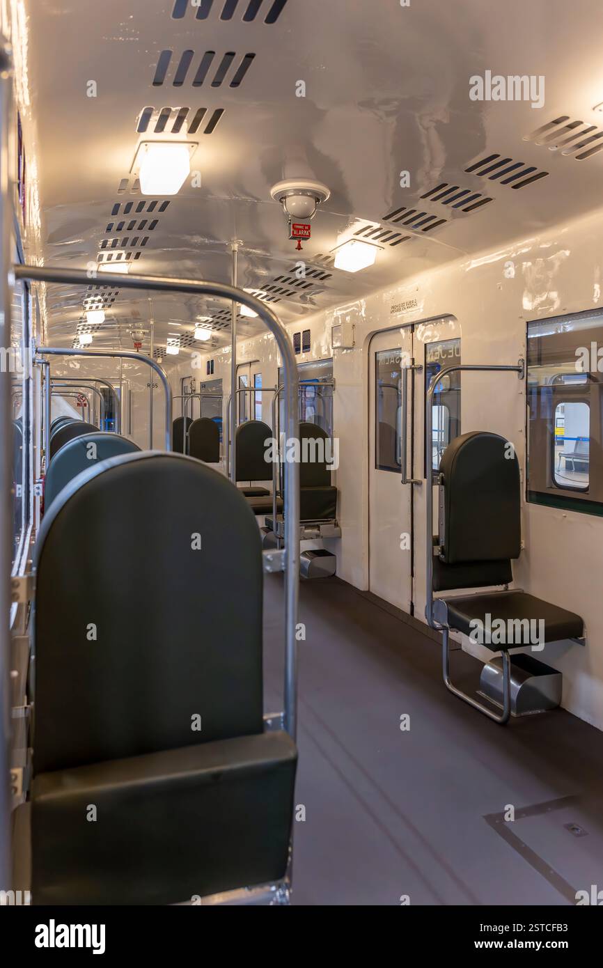 Inside a preserved metro train at Madrid's Underground Metro museum ...