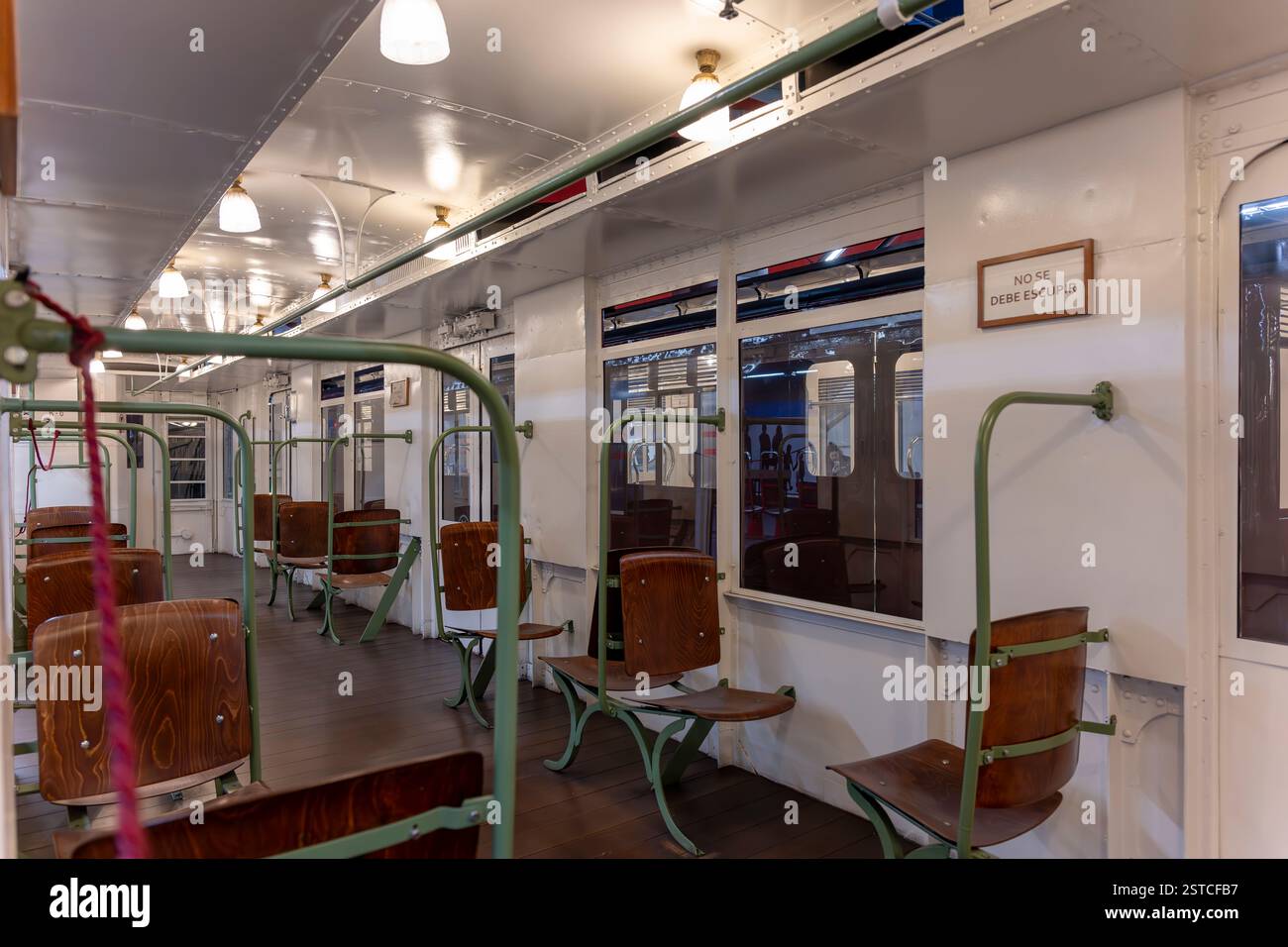 Inside a preserved metro train at Madrid's Underground Metro museum ...