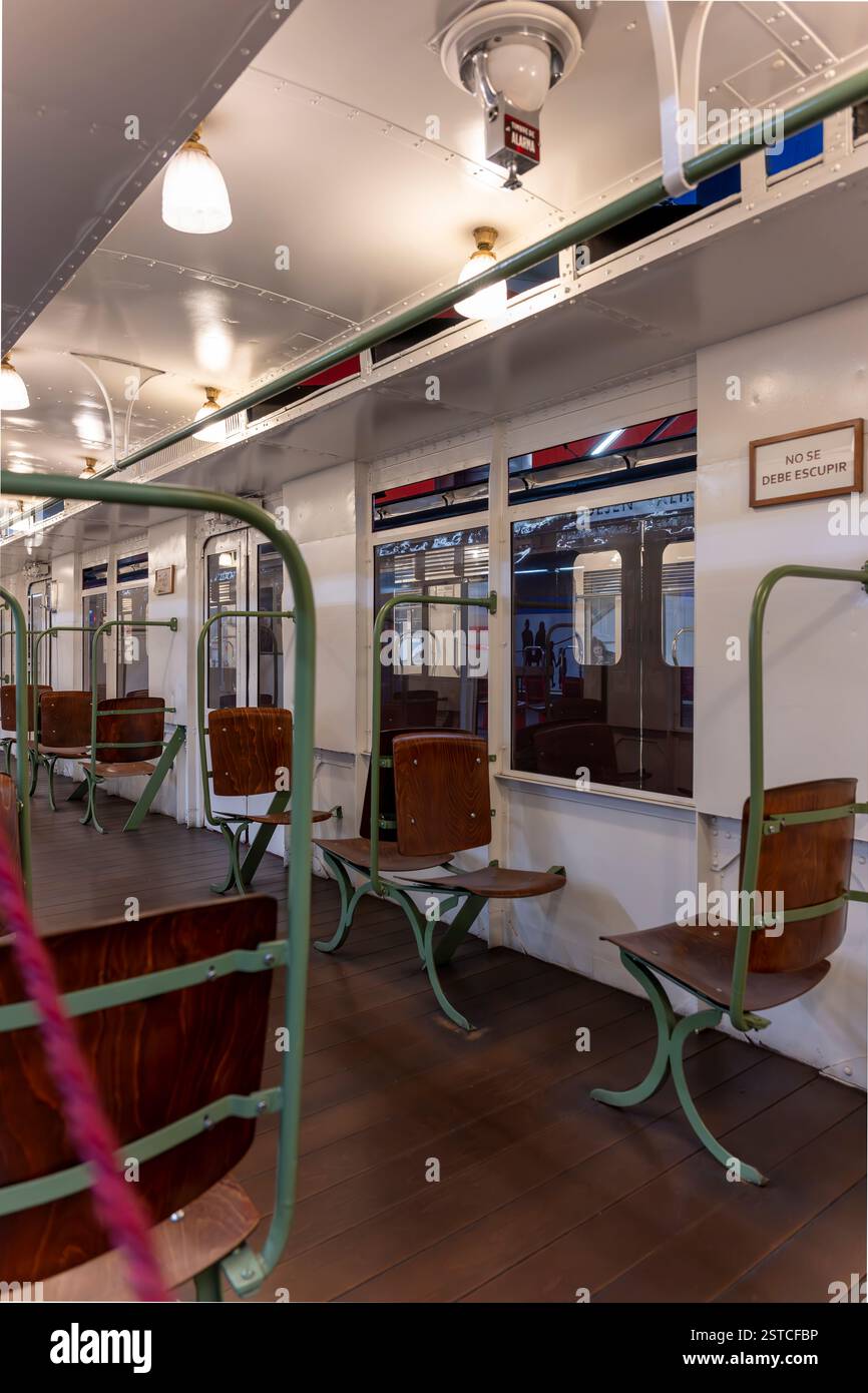 Inside a preserved metro train at Madrid's Underground Metro museum ...