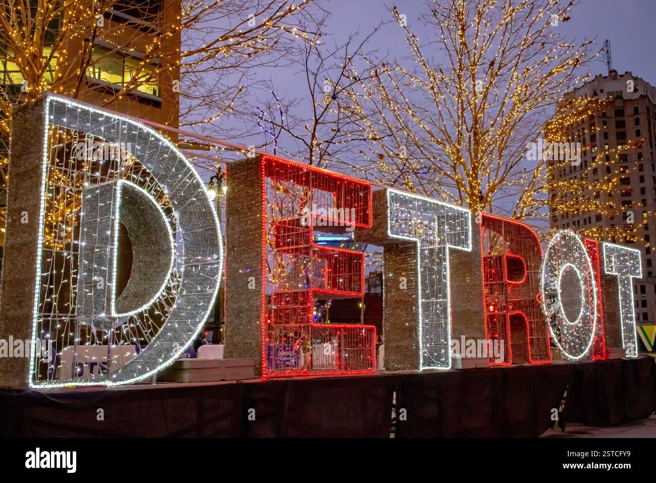 Detroit light up illuminated sign. Photo taken on a cloudy night in ...