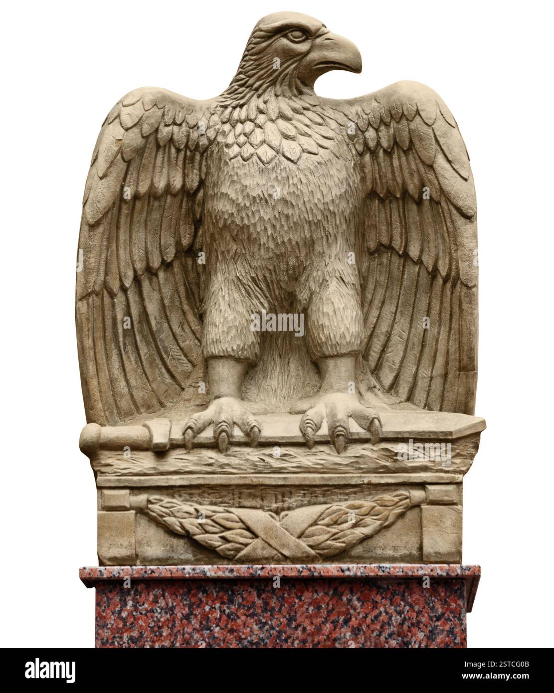Antique statue - an eagle with a sword in claws isolated on white ...