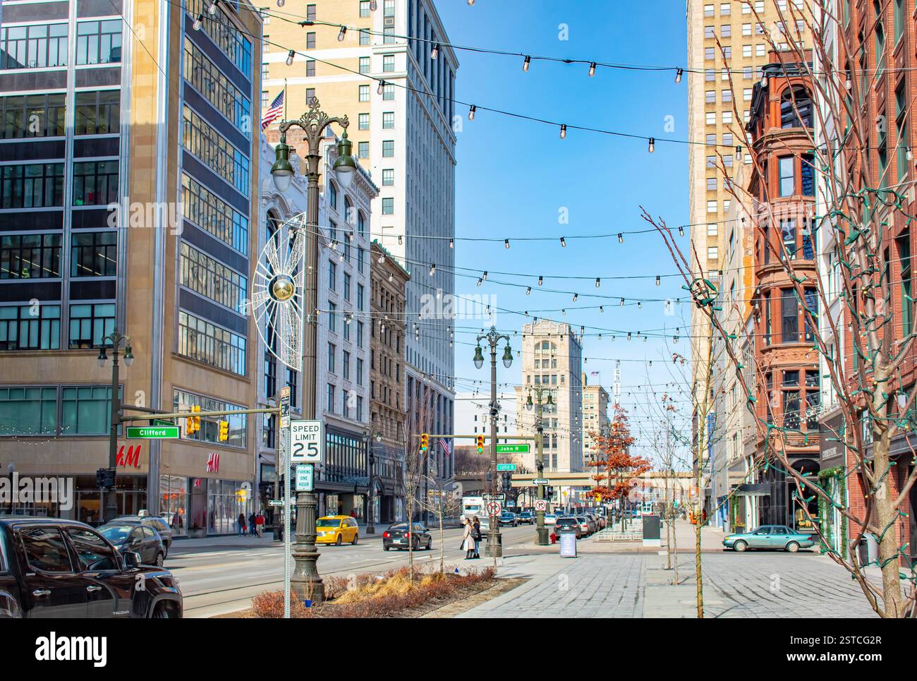 Downtown Detroit Michigan architecture city skyline buildings on a cold ...